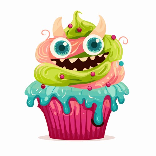 Happy monster cupcake colorful frosting Royalty Free Vector