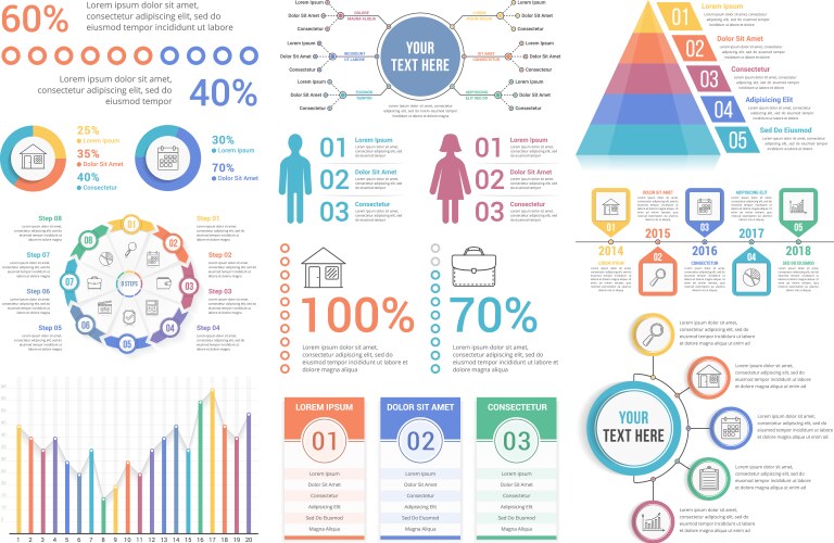 Infographics chart set charts result graphs icons Vector Image