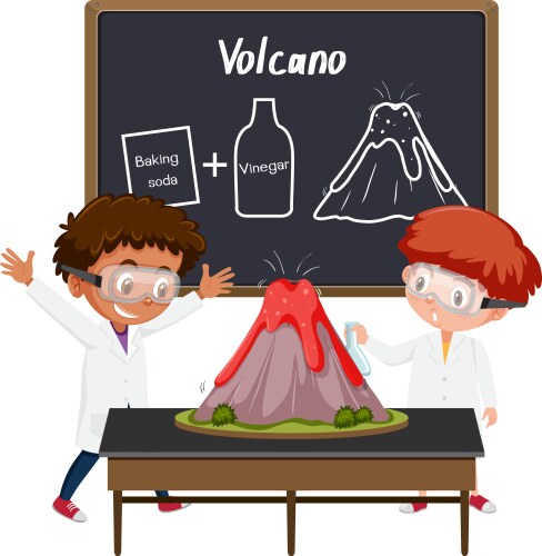 Cartoon boy scientist doing volcano experiment Vector Image