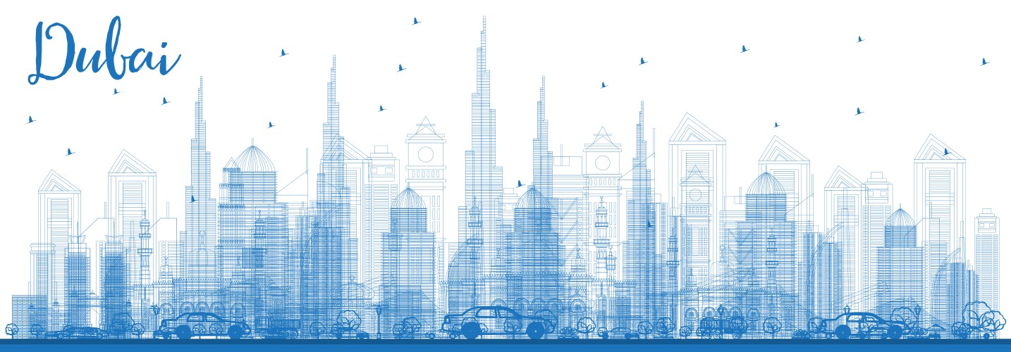 Outline dubai uae skyline with blue buildings Vector Image