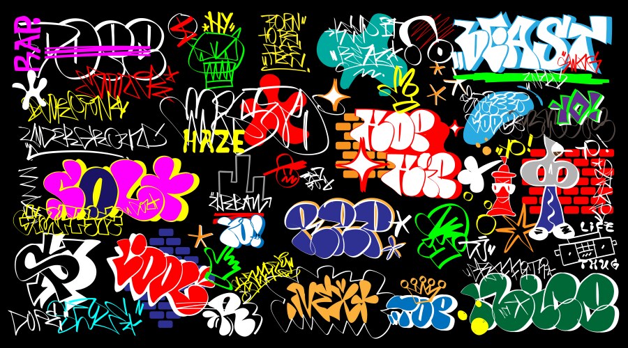 Rap graffiti lettering doodles background Vector Image