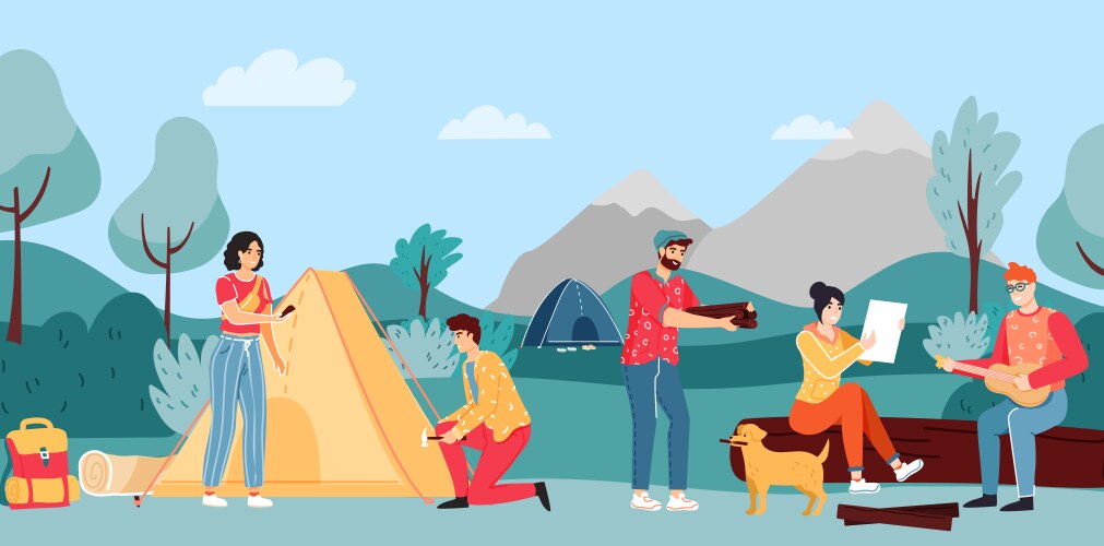 Cartoon hiking equipment tourist camping campfire Vector Image