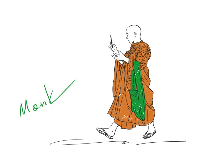 Sketch walking buddhist monk under umbrella Vector Image
