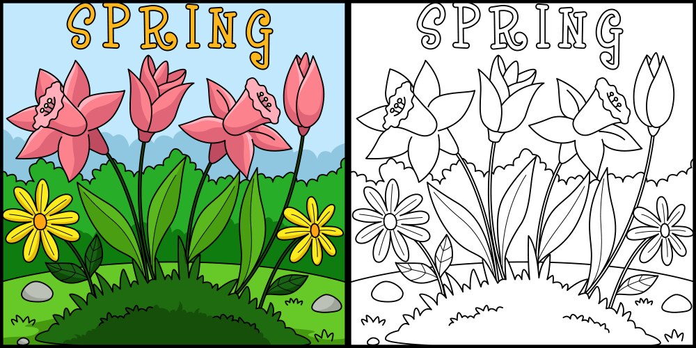 Spring potted flowers isolated coloring page Vector Image