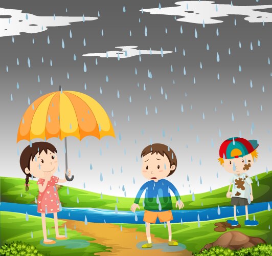 Three kids in the rain Royalty Free Vector Image