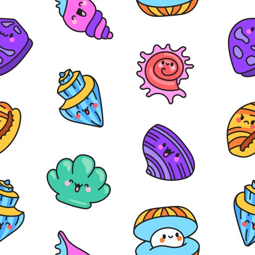 Cute kawaii sea shell seamless pattern Royalty Free Vector