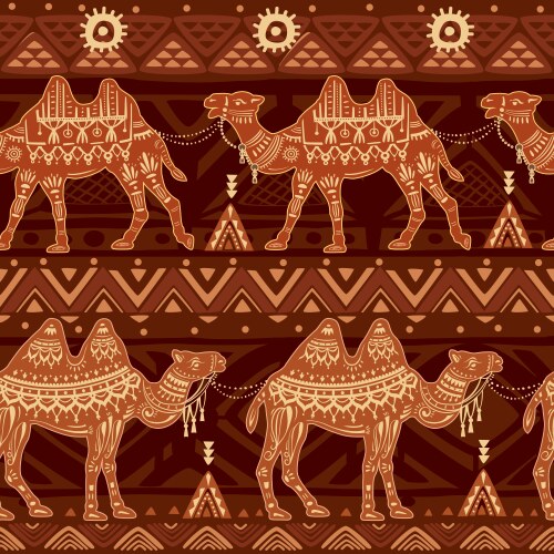 Camel caravan seamless pattern with ethnic motifs Vector Image