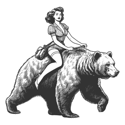 Retro woman riding bear engraving Royalty Free Vector Image