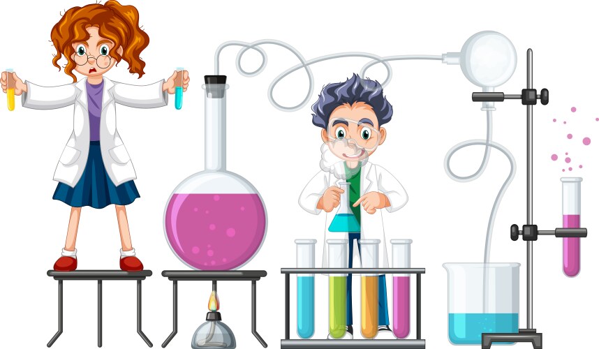 Cartoon boy scientist doing volcano experiment Vector Image