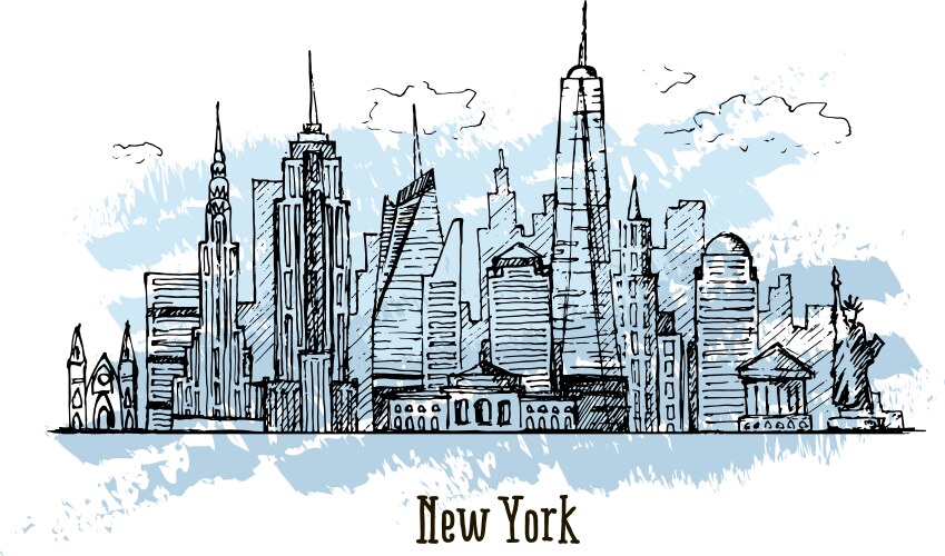 New York City Drawing Vrijheidsbeeld En Gebouwen In New York City One