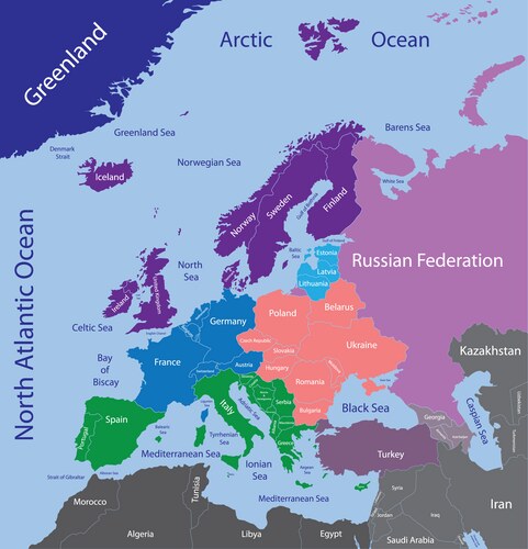 Political map of europe continent in four colors Vector Image