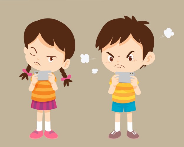 Angry kid addicted mobile phone Royalty Free Vector Image
