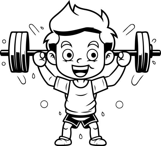 Boy doing gym exercise - black and white cartoon Vector Image