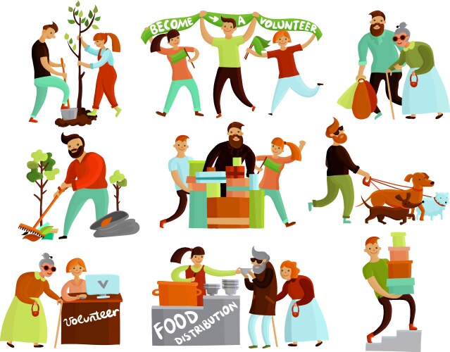 Volunteer people help flat cartoon collection Vector Image