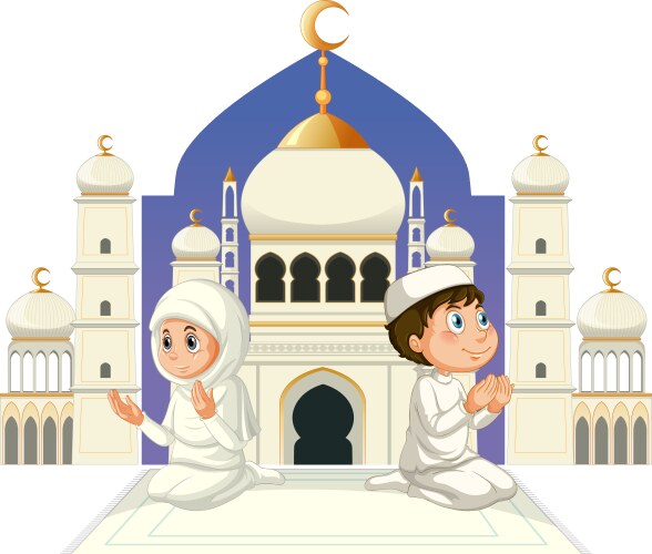 Cartoon two muslim peoples in front a mosque Vector Image
