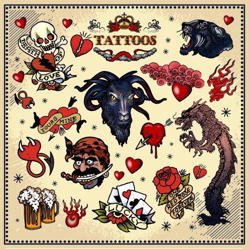 Nautical vintage colorful tattoos set Royalty Free Vector