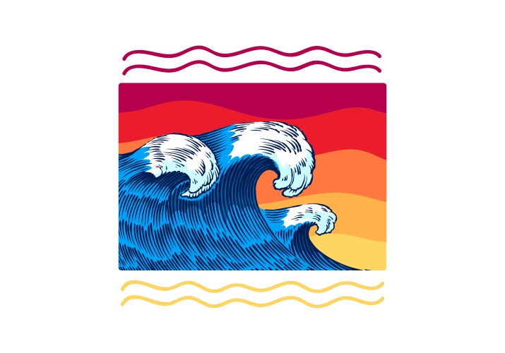 Atlantic tidal waves and red sun vintage old Vector Image