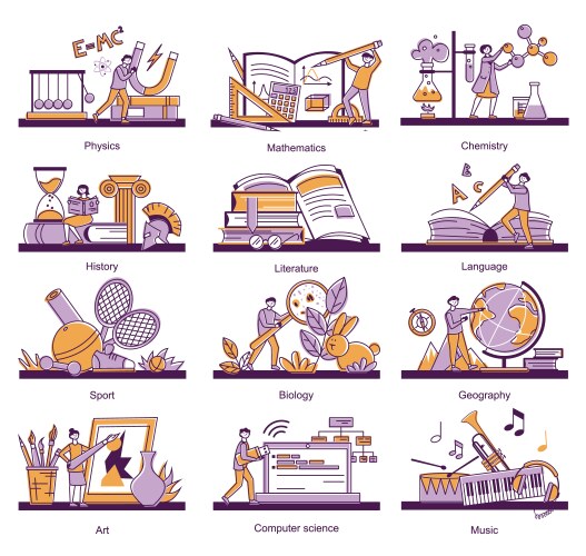 Labels with names and icons school subjects Vector Image