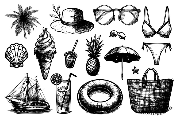 A set of drawings beach items including palm Vector Image