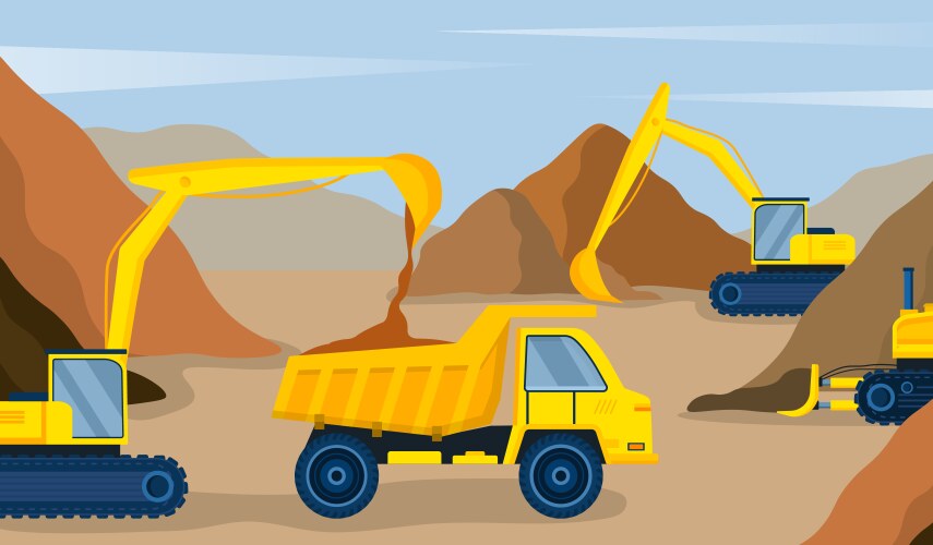 Heavy excavator loading soil on dump truck Vector Image