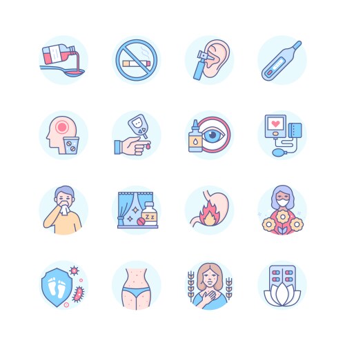 Diabetes cartoon icons set Royalty Free Vector Image