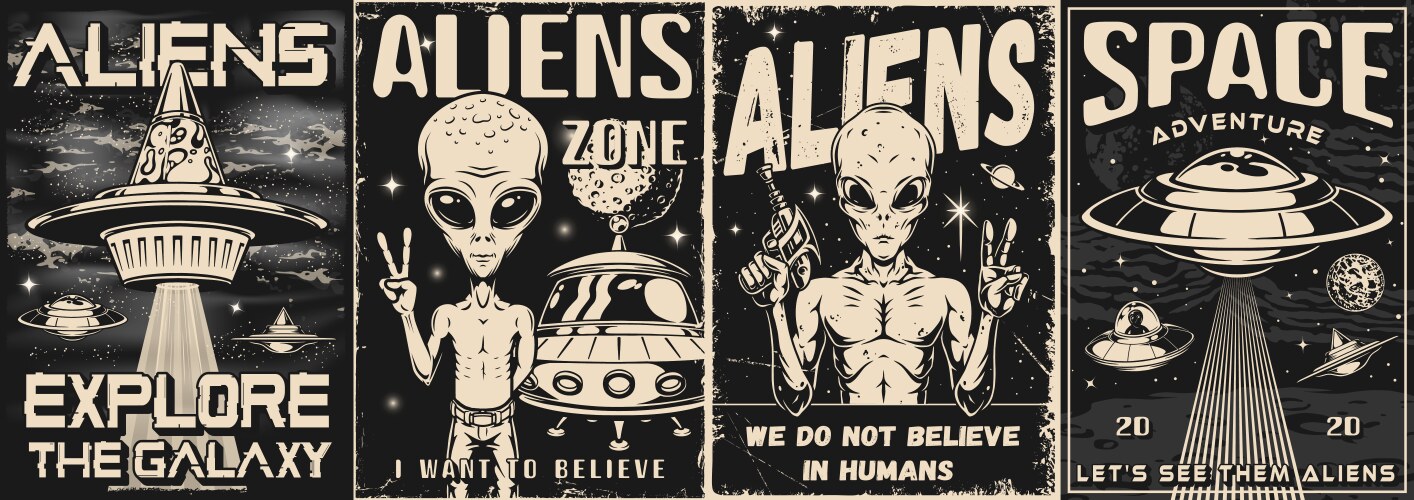 Aliens set vintage monochrome flyers Royalty Free Vector