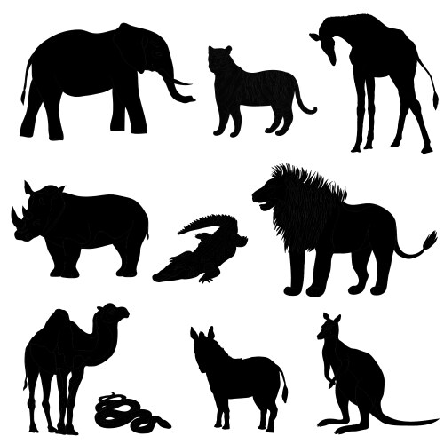 Set of black silhouettes wild animals cartoon on w