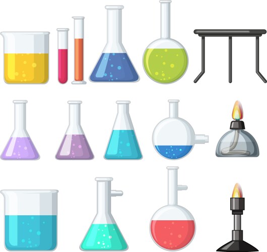 Different types of glass beakers for science Vector Image