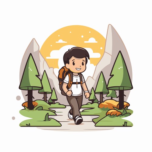 Hiking man with backpack in mountains cartoon Vector Image