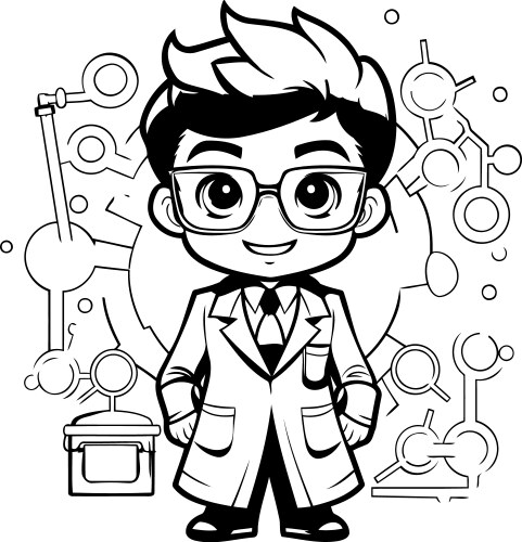 Black and white of a boy doing science Royalty Free Vector