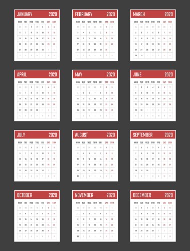 Calendar for 2020 starts monday Royalty Free Vector Image