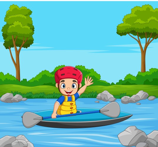 Cartoon happy boy climbing rock Royalty Free Vector Image