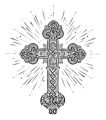Outline drawing catholic cross with rays Vector Image