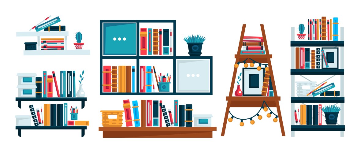 Flat bookshelves shelf book in room library Vector Image