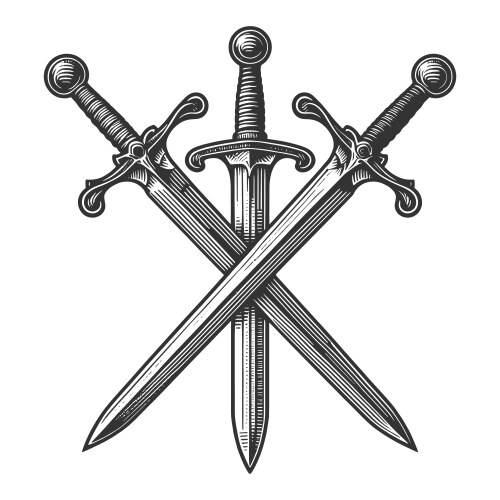 Three crossed medieval swords engraving Royalty Free Vector