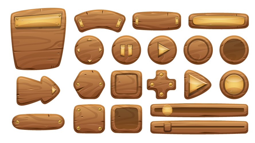 Cartoon wood boards signs and brown wooden banners