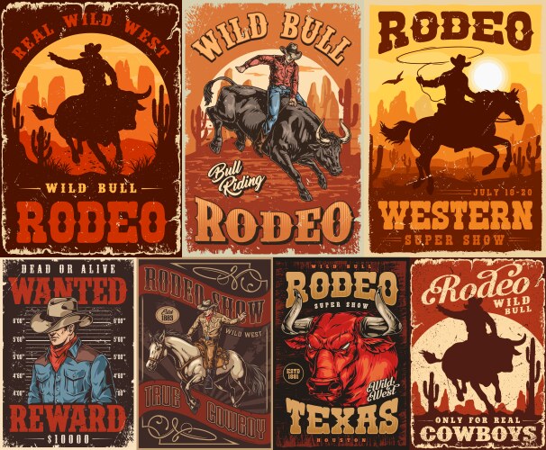 Rodeo show set posters colorful Royalty Free Vector Image