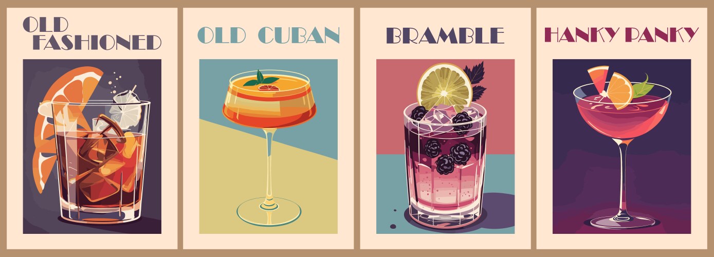 Cocktails retro poster prints art set Royalty Free Vector