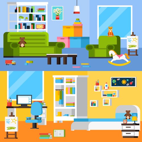 Room interiors in flat design cartoon house Vector Image