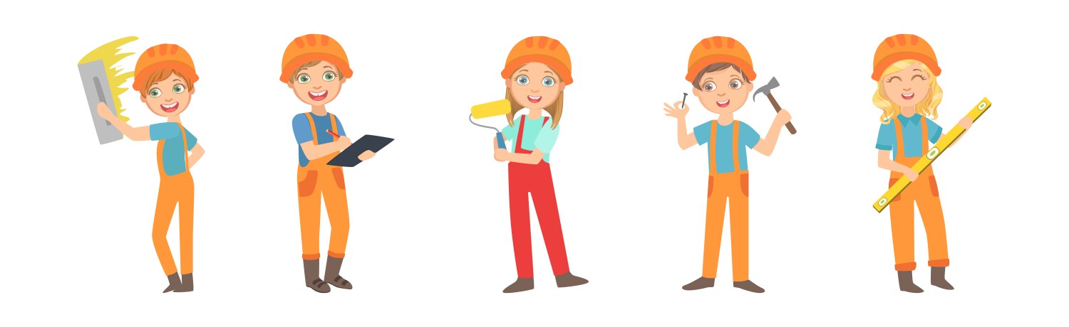 Little kid builder character wearing hard hat Vector Image