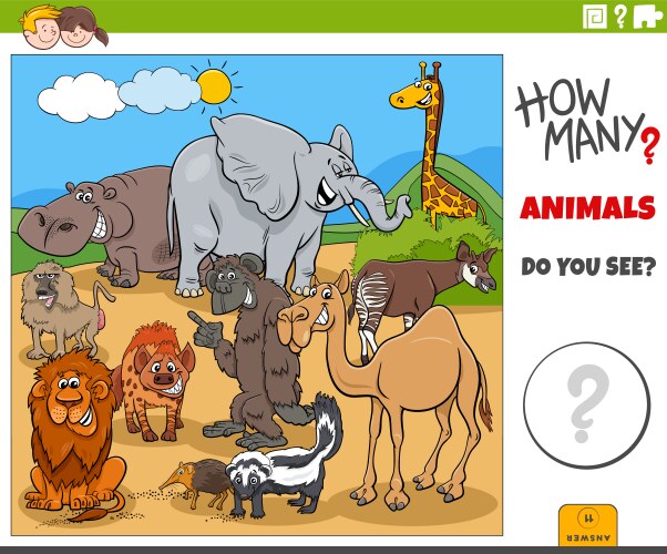 Counting cartoon wild animals educational game Vector Image