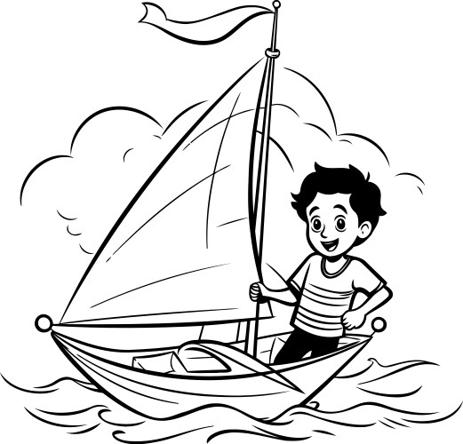 Boy sailing on a boat black and white cartoon Vector Image