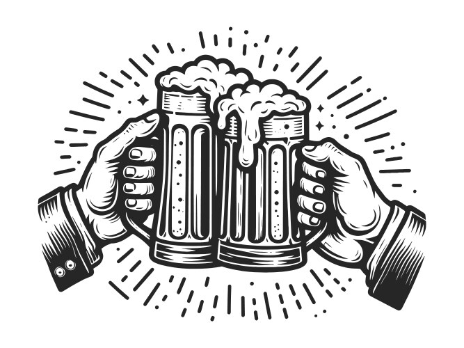 Cheers with frothy beer glasses sketch Royalty Free Vector