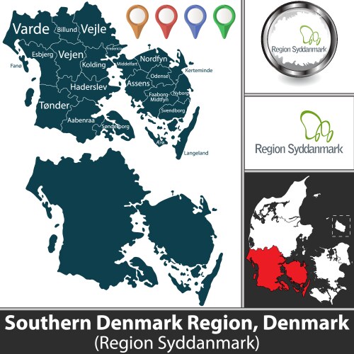 Denmark Political Map with Markers Royalty Free Vector Image