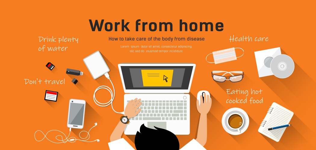 Man work from home desk top view poster design Vector Image