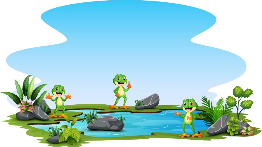 Cartoon three turtle relax around small pond Vector Image