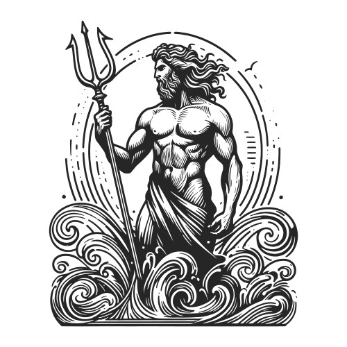 Mythical poseidon engraving ocean waves Royalty Free Vector