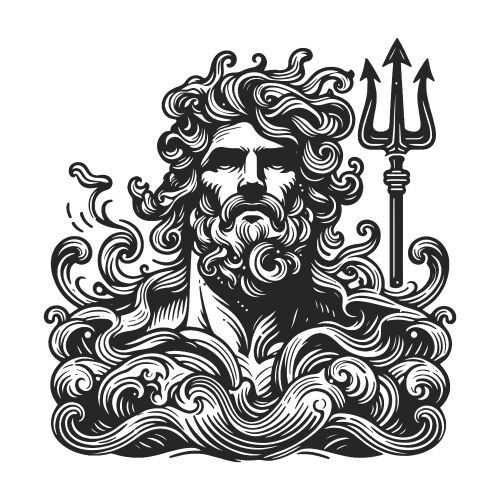 Mythical poseidon engraving ocean waves Royalty Free Vector