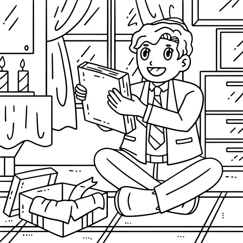 Bar mitzvah boy with cake isolated coloring page Vector Image