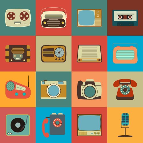 Retro media objects design elements set Royalty Free Vector